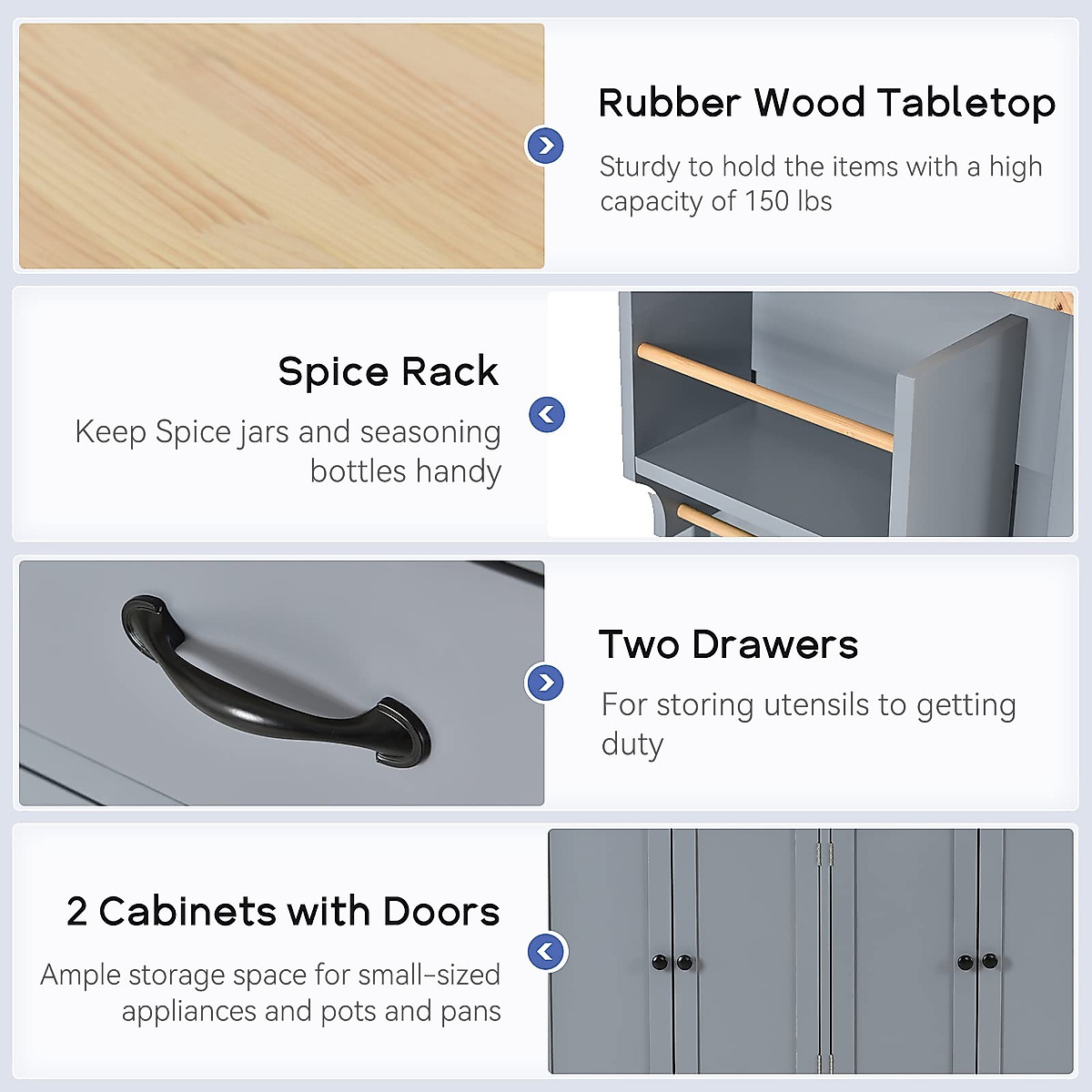 LETESA Rolling Mobile Kitchen Island 54.3'' with Solid Wood Top and 2 Locking Wheels, Adjustable Storage Shelves 4 Door Cabinet and Two Drawers Spice Rack, Towel Rack for Dining Room (Blue)