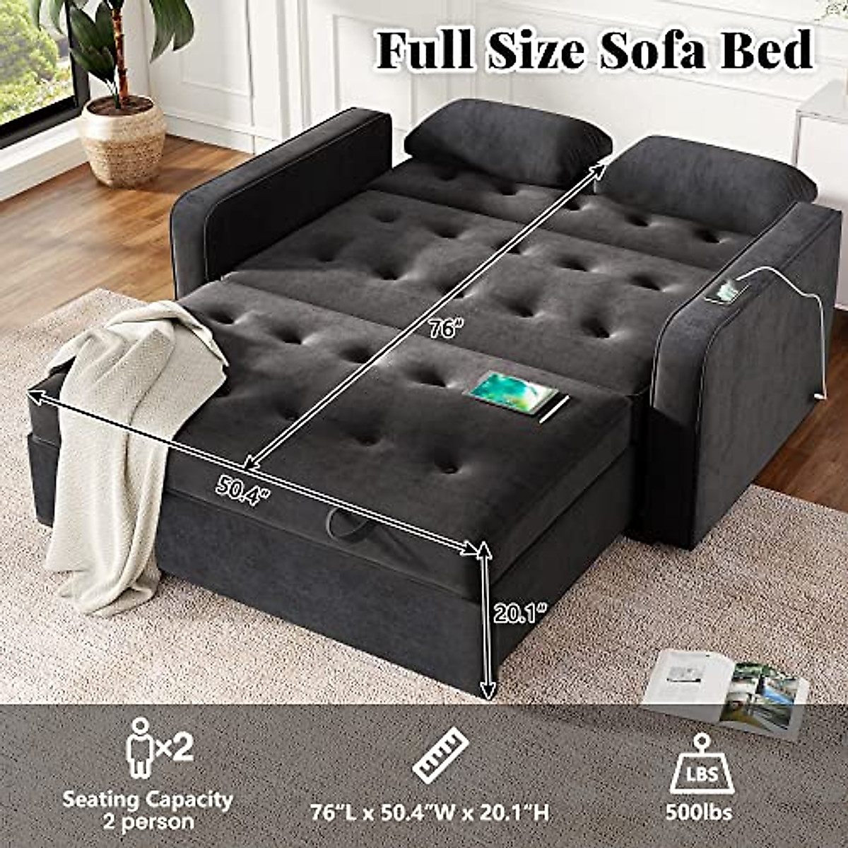 YUNLife&Home 65.7" Convertible Pull Out Sleeper Sofa Bed,Adjustable Loveseat Armchair Single Couch Chair with USB Port 2 Pillows for Living Room Apartment Small Space Furniture Set, Black