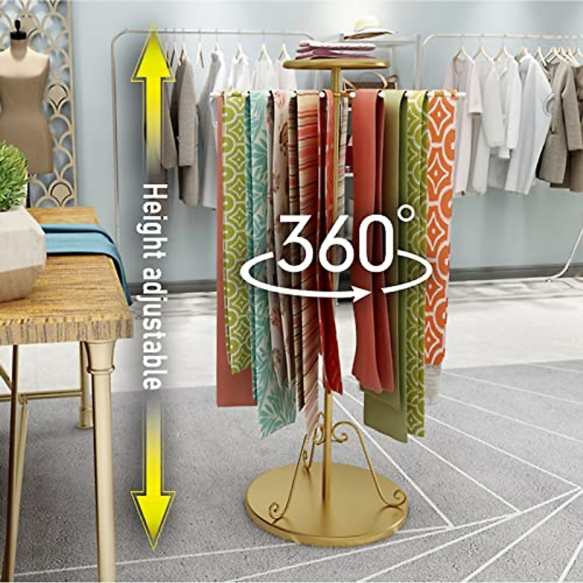 Freestanding Scarf Rack with 30 Rods, Pivoting Round Scarf Display Stand, Height Adjustable Scarf Holder Organizer, Scarf Hanging Rack for Boutique Clothing Store Home