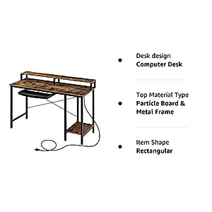 Rolanstar Computer Desk with Power Outlet and Monitor Stand Shelf, 55” Home Office PC Desk with Keyboard Tray and USB Ports Charging Station, Desktop Table,Stable Metal Frame Workstation, Rustic Brown