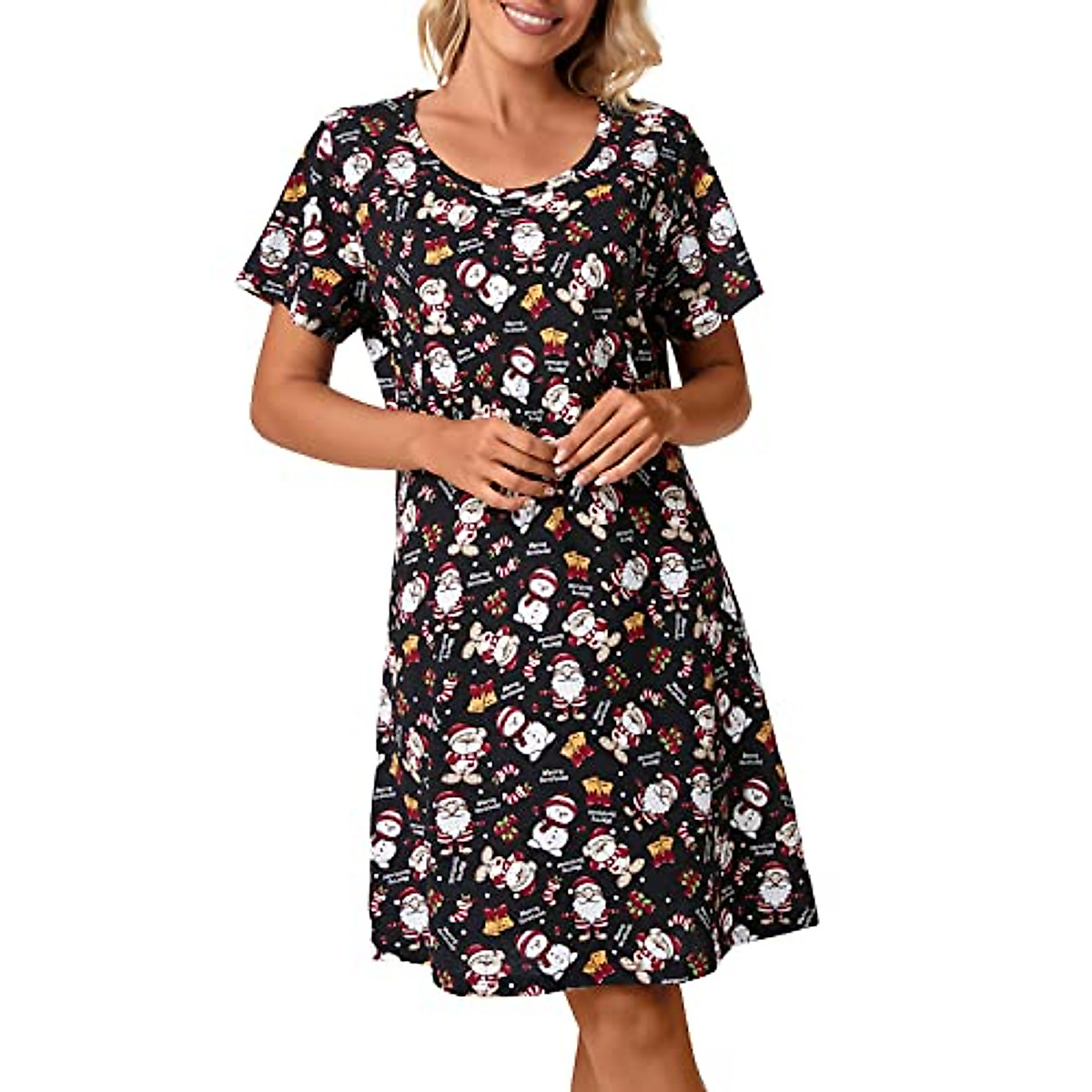 Tugege Women's Nightgown Short Sleeve Sleepshirts House Dress Sleepwear Casual Print Pajama (Christmas Snowman, Medium)