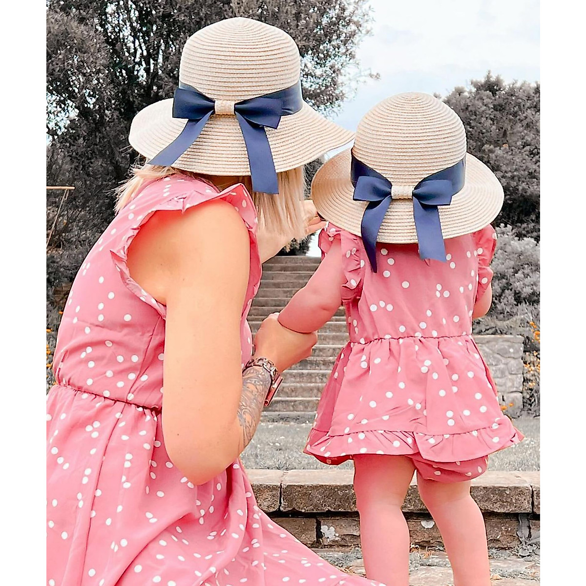 Focamia Pink V Neck Ruffle Short-Sleeve Splicing Butterfly and Floral Print Dress for Mom and Me (as1, Age, 6_Months, Pink Dots, 6 Months)