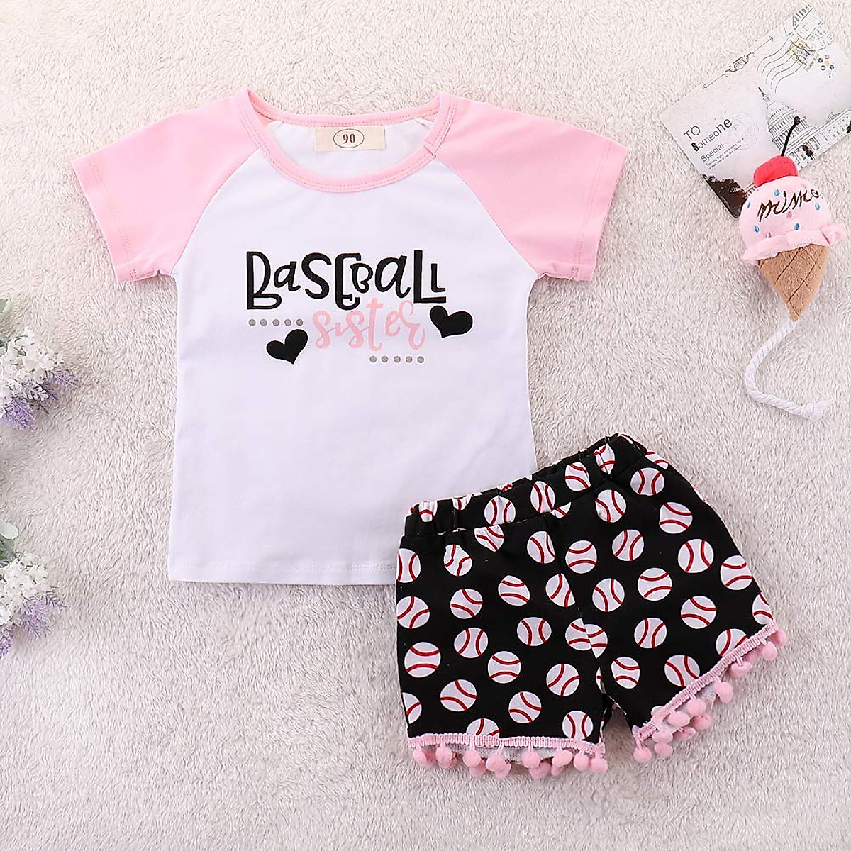 Toddler Baby Girl Summer Outfits Baseball Sister Print T-Shirts Tops + Tassel Shorts Two Piece Clothes Set