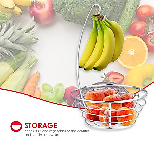 Home Basics Chrome Plated Steel Fruit Tree Basket Bowl with Banana Hanger, Free Standing, Rust Resistant, Silver