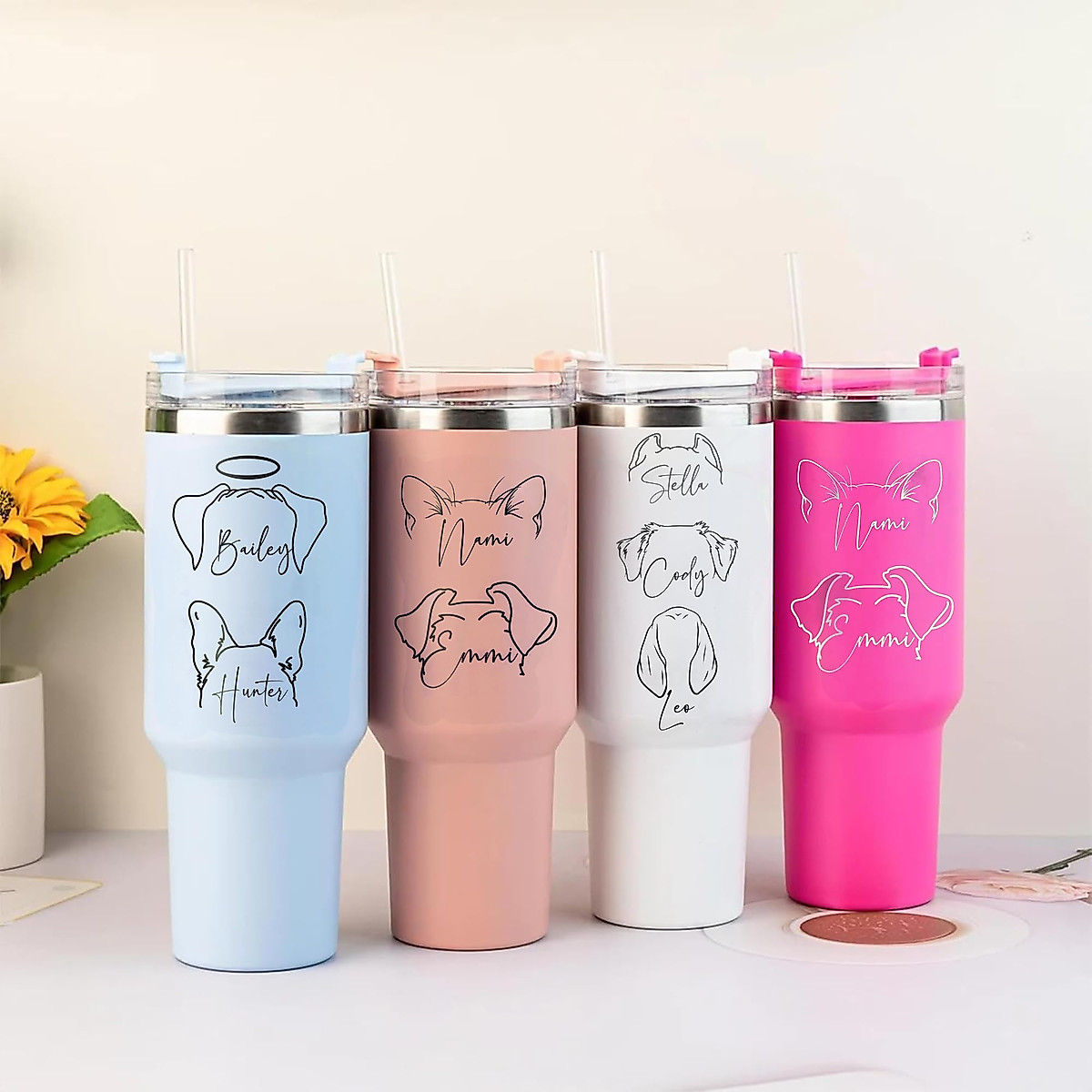 Custom Cat, Pets Eart Outline Personalized Tumbler 40 oz Laser Engraved, Insulated Cup with Handle, Lid and Straw, Vacuum Insulated, Coffee Mug, Personalized Gifts For Cat Mom 2