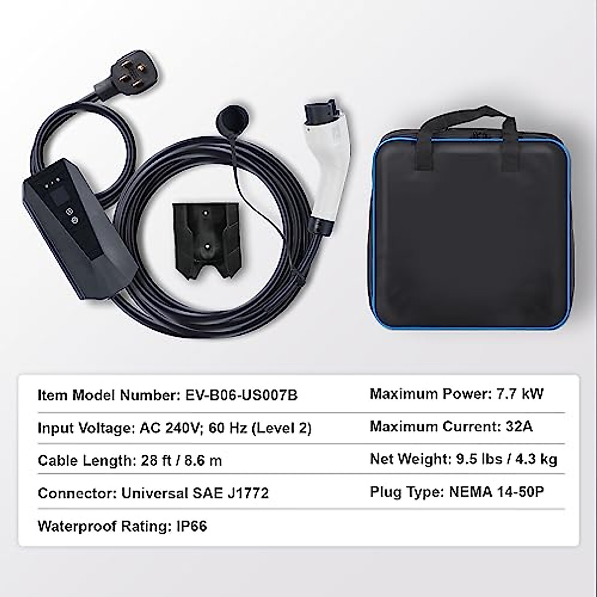 VEVOR Level 2 Portable EV Charger, 32 Amp 240V, Electric Vehicle Charger with 28 ft Charging Cable NEMA 14-50P Plug, 16/20/24/32A Adjustable Current Plug-in Home EV Charging Station for SAE J1772 EVs