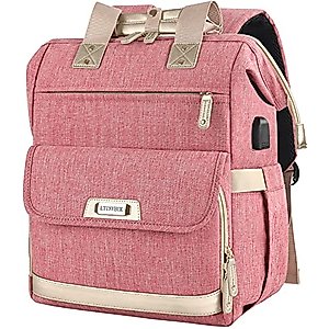 Laptop Backpack for Women,Convertible Tote 15.6 Inch Computer Bag Travel Backpack Airline Approved,Wide Open Large USB Charging Port Teacher Nurse Backpack RFID Anti Theft College School Bookbag Pink