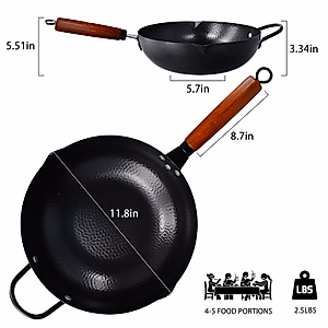 FNT Carbon Steel Wok Pan with Double Spouts, Woks & Stir-Fry Pans Nonstick with Wooden and Steel Helper Handle 11.8 Inches(Flat Bottom)