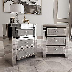 Alohappy Mirrored Nightstands Set of 2 with 3-Drawers, Modern Mirror Glass End Table Silver Bedside Table for Living Room/Bedroom (2PCS)