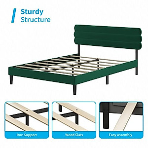 Mjkone King/Queen/Full Size Bed Frame| Fabric Padded Bedroom Furniture| Upholstered Bed Frame with Velvet Tufted Headboard Green/Dark Grey/Light Grey