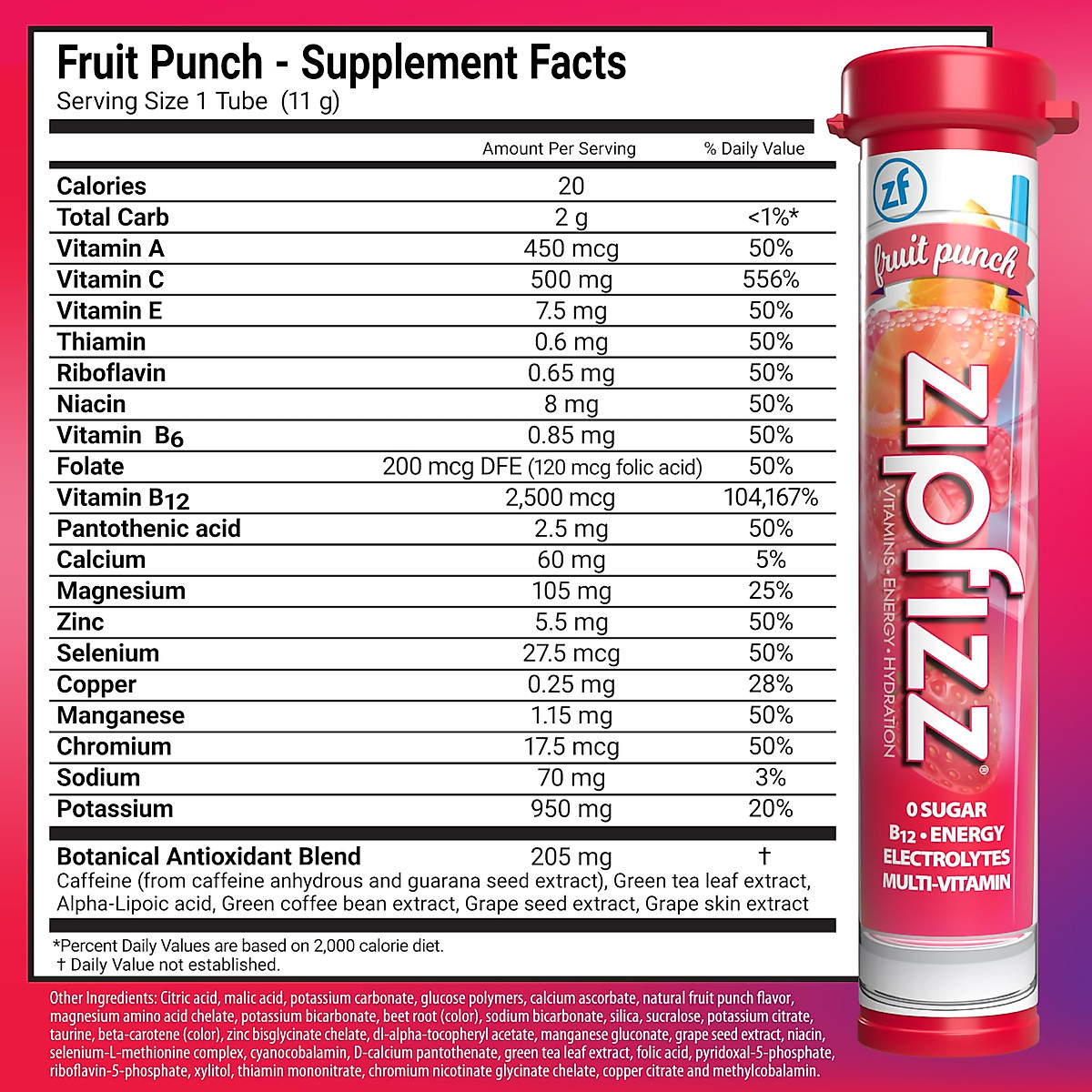 Zipfizz Energy Drink Mix, Electrolyte Hydration Powder with B12, Antioxidants, Electrolytes and Multi Vitamin, Fruit Punch (Pack of 20)