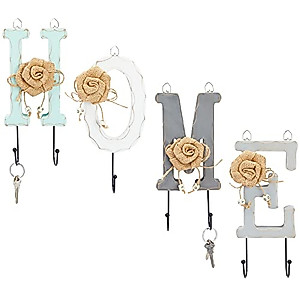 Juvale Home Key Holder with 7 Pegs, Wooden Letters with Burlap Flowers for Rustic Entryway Wall Décor (4 Colors)