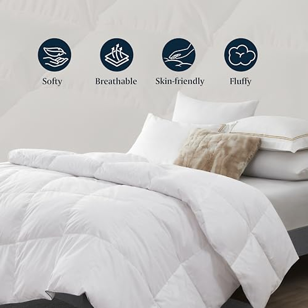 Serta White Down Feather Fiber Comforter Queen Size, All Seasons Warmth 300 Thread Count White Down Duvet Insert 500 Fill Power Fluffy Comforter with 100% Cotton Down Proof Cover