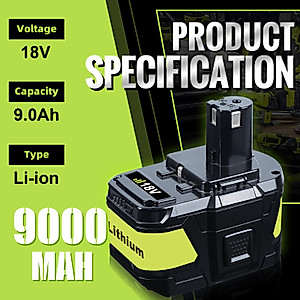 VINIDA 2Pack 18V 9.0Ah High Capacity Replacement for Ryobi 18V Battery Lithium P108 P105 P102 P103 P107 P109 P104 P122 Cordless Tools Battery Pack