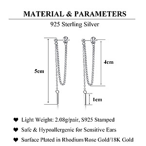 SLUYNZ Solid 925 Sterling Silver Bar Dangle Earrings for Women Minimalist Dangle Earrings Threader Chain (A-Silver)