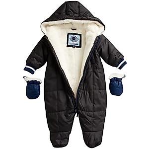 URBAN REPUBLIC Baby Boys' Pram Snowsuit - Quilted Fleece Lined Bodysuit - Outerwear Coveralls, Removable Mittens (3-9M), Size 9 Months, Black Sherpa Footed