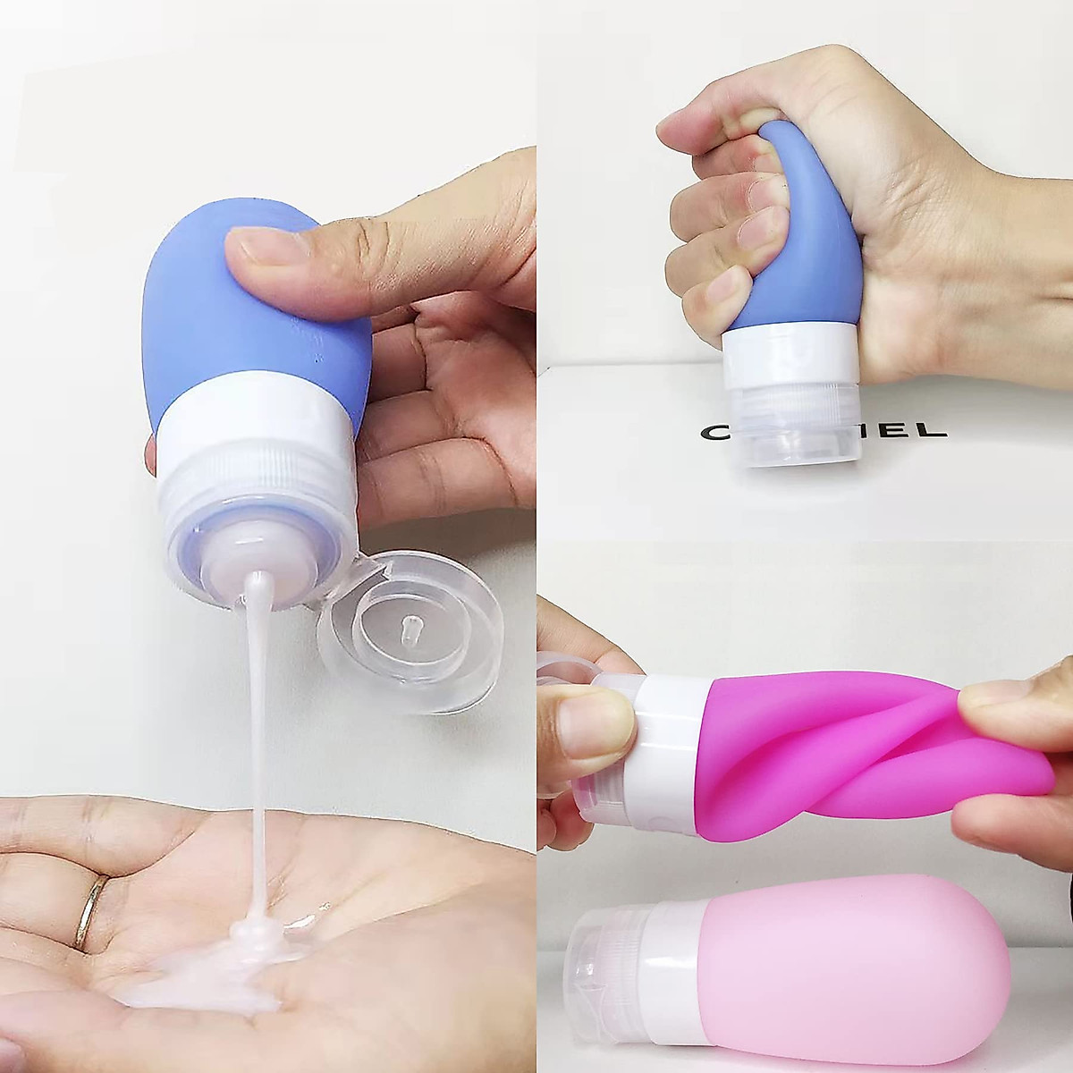 AICMEI 4-Pack Squeeze Salad Dressing Bottles, Leak Proof Food Storage Sauce Bottles Sauce Bottles, Portable Small Salad Dressing Containers,Food-grade Silicone- 4 Colors(1.3oz and 2 oz)