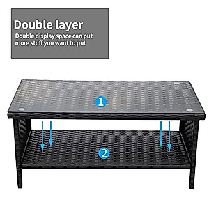 Outdoor Wicker Coffee Table Patio Furniture Garden Rattan 2-Layer Glass Table with Storage and Furniture Cover, Black