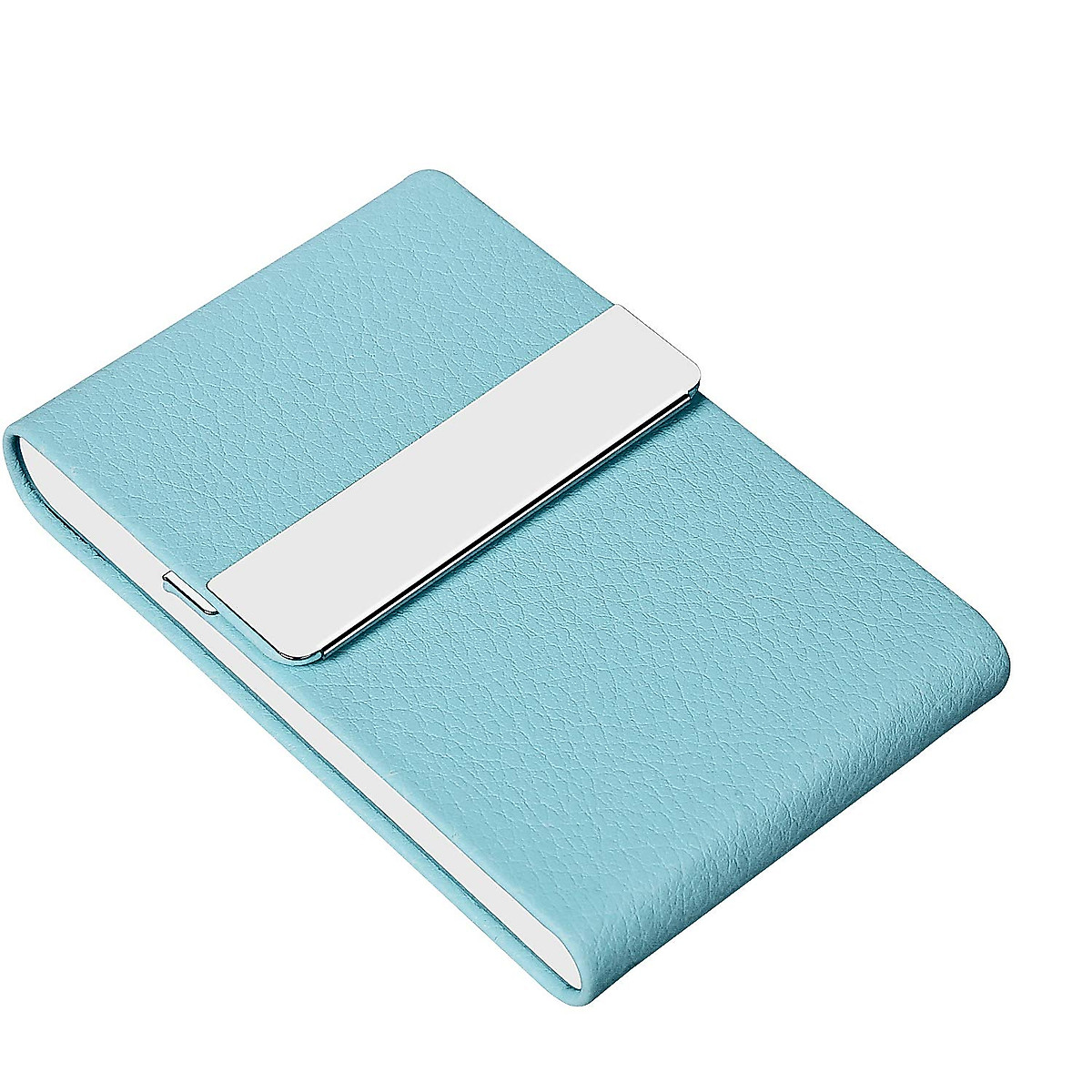 JuneLsy Professional Business Card Holder Case PU Leather Metal Name Card Holder Pocket Business Card Carrier for Men & Women with Magnetic Shut (Light Blue-y)