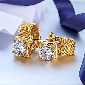Mens Cufflinks with Chain - Stone and Shiny Gold Tone Shirt Accessories - Party Gifts for Young Men (crystal)