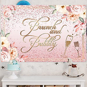 Brunch and Bubbly Bridal Shower Decorations Backdrop Banner Rose Gold Champagne Background for Wedding Bridal Shower Party Decor Supplies Pink