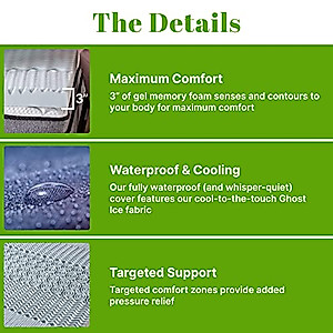 GhostBed 3 Inch Cooling Gel Memory Foam Mattress Topper - Waterproof Cover, Protector & Topper in One, Queen