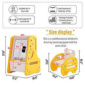 Tiita Kids Art Easel with Stool, 3 in 1 Double-Sided Magnetic Dry Erase Board and Kids Book Rack with Foldable Desktop, Standing Easel with Bottom Storage Shelf, Yellow
