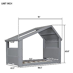 GEEVIVO Twin House Floor Bed for Kids, Twin Bed Frame with LED Light, Roof, Storage Headboard & Footboard, Wood Tent/Cabin Beds for Girls Boys Teens, No Box Spring Needed (Gray)