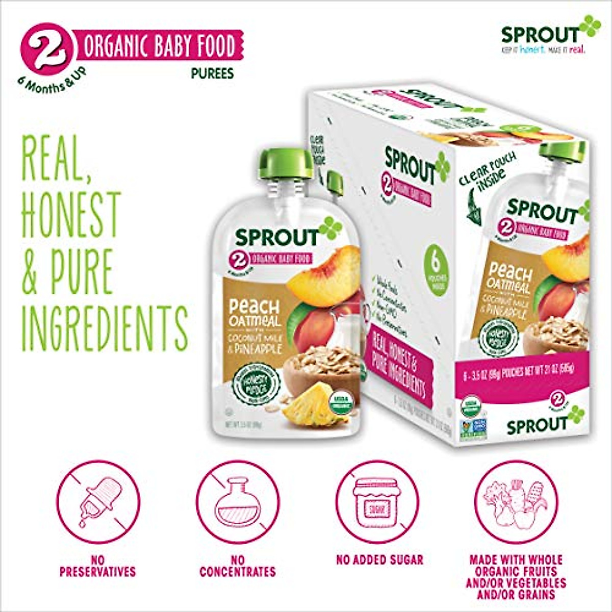 Sprout Organic Stage 2 Baby Food Pouches, Peach Oatmeal w/ Coconut Milk & Pineapple, 3.5 Ounce (Pack of 6)