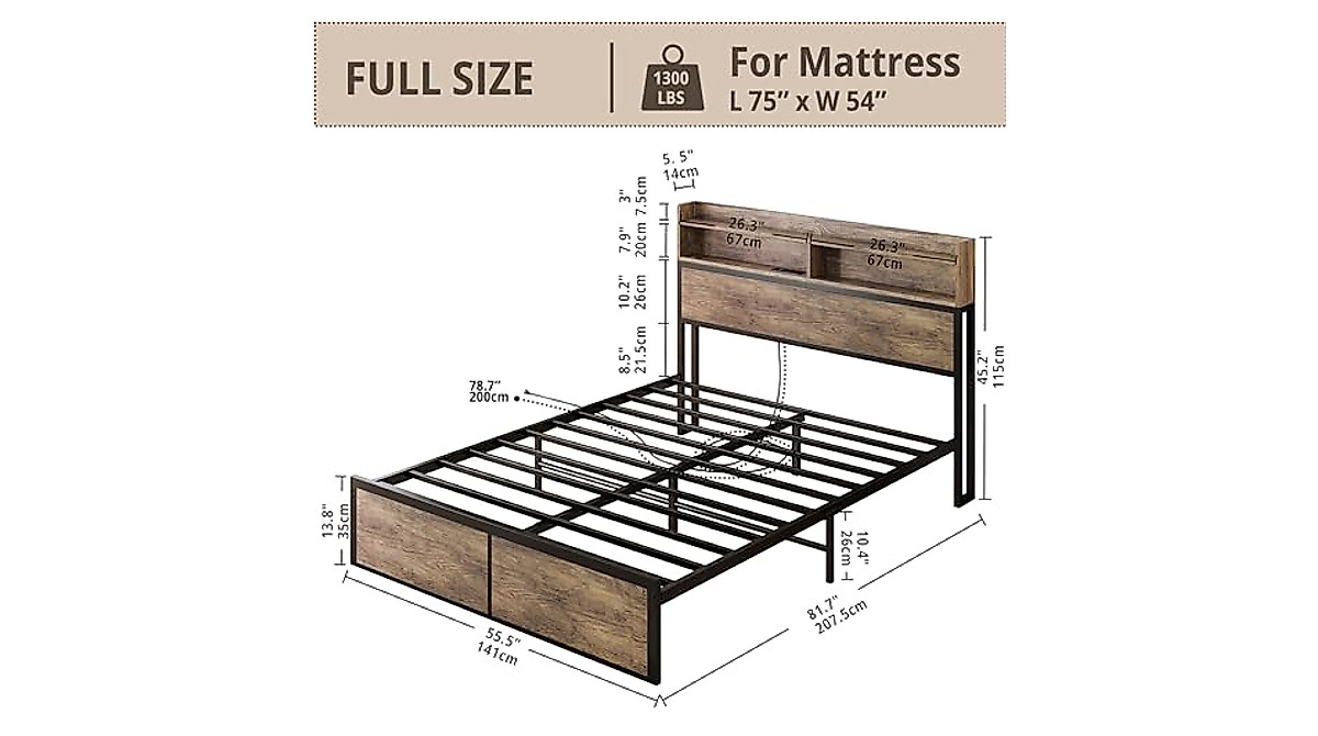 IRONCK Full Size Bed Frame with Bookcase Headboard with Charging Station, Mattress Foundation/No ...