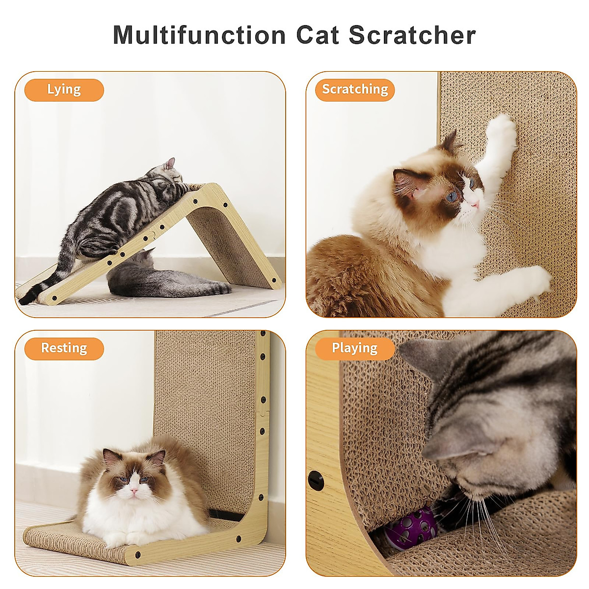 VARLNALY L-Shape Cat Scratcher, 27 Inch Cat Scratching Pad,Cute Cat Cardboard Scratcher for Indoor Cats, Protecting Furniture Vertical Kitty Scratch Lounge with Ball Toy Large