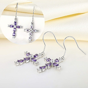 YL Cross Earrings 925 Sterling Silver Halo Dangle Earrings Created Amethyst Religious Jewelry Christian Baptism Gifts