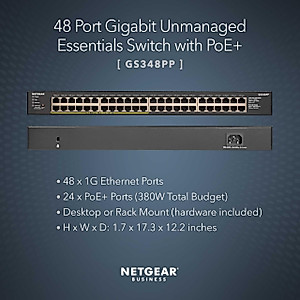 NETGEAR 48-Port Gigabit Ethernet Unmanaged Essentials PoE+ Switch (GS348PP) - with 24 x PoE+ @ 380W, Desktop or Rackmount