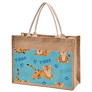 Jute Burlap Tote Tiger Letter Paw Footprints Cute Blue Large Beach Bag Reusable Grocery Shopping Storage Bag