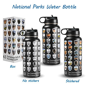 Beautsque 63 National Parks Water Bottle with Stickers,3D Printed,32 oz Travel Insulated Bottles with Straw, Stainless Steel