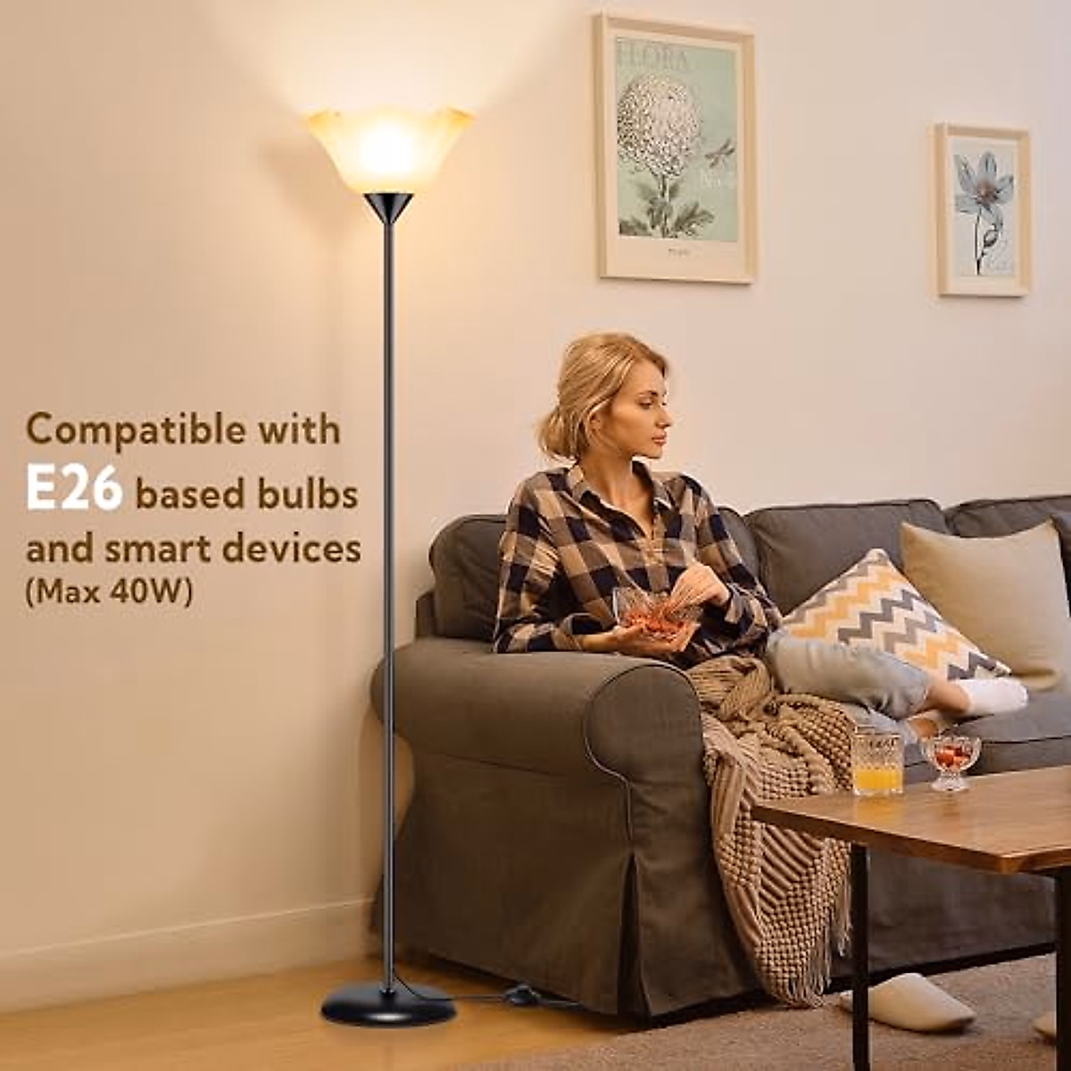 Eneru Floor Lamp with Living Room 74'' Tall Torchiere Floor Lamp with White Plastic Shade Black Modern Stand Lamps for Living Room Bedroom Classroom Dorm Office, E26 Bulb Included