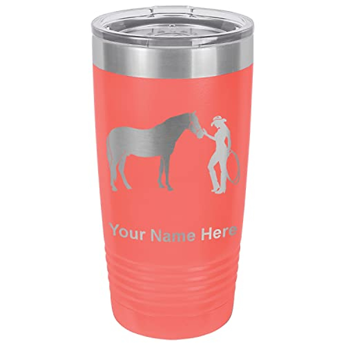 LaserGram 20oz Vacuum Insulated Tumbler Mug, Horse and Cowgirl, Personalized Engraving Included (Coral)