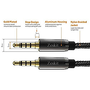 Zeskit Premium 3.5mm Jack Male to Male AUX Audio Cable, TRRS 4 Poles for Headphones with Mic, Speakers - 4ft