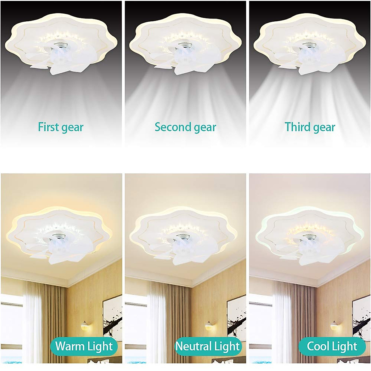 IYUNXI Led Ceiling Light Fan Flower-shaped 3-Color Dimmable Acrylic Multifunction Ceiling Light with Fan Adjustable Wind Speed Brightness with Remote Control 72W 18.5In for Bedroom,Living Room