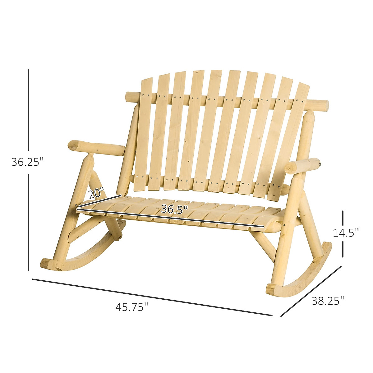 Outsunny Outdoor Wooden Rocking Chair, Double-Person Rustic Adirondack Rocker with Slatted Seat, High Backrest, Armrests for Patio, Garden and Porch, Natural
