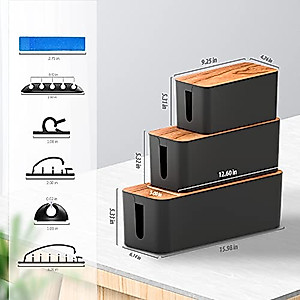 Cable Management Box 3 Pack with 16 Cable Clips Set-Large & Medium & Small Wooden Style Cable Organizer Box to Hide Wires&Power Strips | Cord Organizer Box | Cable Organizer for Home & Office [Black]