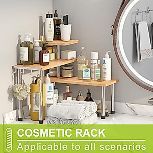 BMOSU Kitchen Corner Shelf Countertop Organizer with Hooks Adjustable Spice Rack Corner Display Rack Shelf Cabinet Counter Shelves(Bamboo)