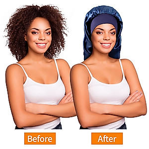 LIIBOT Long Silk-Satin Bonnet for Women - 2 PCS Large Night Cap for Curly Dreadlock Braid Hair (Black & Blue)