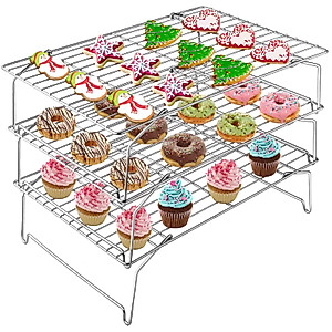 TeamFar Cooling Rack, 3 Tier 15’’ × 10’’ Oven/Dishwasher Safe Stainless Steel Baking Roasting Rack for Cookies Cake Pies Bread, Collapsible & Foldable, Healthy & Non Toxic