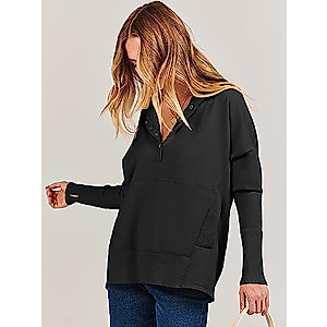 ANRABESS Women Casual Henley Hoodies Oversized Sweatshirt Ribbed Knit Long Sleeve Shirts Buttons V Neck Loose Baggy Sweater Hooded Pullover Fashion 2023 Fall Clothes 1064heise-S Black