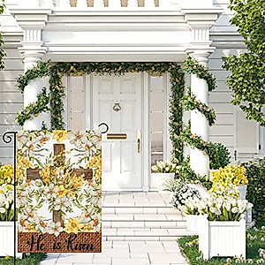 Linen He Is Risen Spring Easter Garden Flag Double Sided Welcome Farmhouse Yard Outdoor Decoration Cross Daffodil Flower Garden Flag Yard 12.5" X 18"