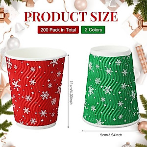 Ziliny 200 Pcs Christmas Coffee Cups with Lids 12 oz Hot Drink Cups Xmas Snowflake Paper Cups Disposable Large Hot Beverage Cups for Water Tea Office Home Drink Travel(Red, Green)