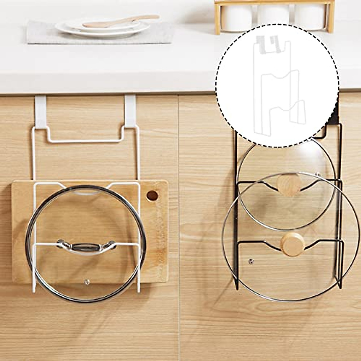 Luxshiny Cabinet Organizer Wall Mount Pot Lid Rack Punch Free Stainless Steel Hanging Cutting Board Pot Lid Holder Cabinet Door Pot Lid Organizer Pan Cover Rack Hanger for Kitchen White Shelf Bracket