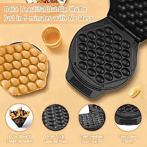 FineMade Compact Bubble Waffle Maker Machine with 10 Cardboard Cones, Electric Non Stick Hong Kong Egg Waffle Maker Iron, Recipe Included