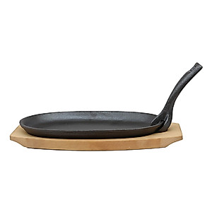 Ebros Personal Sized 9.5"Lx5.5"W Cast Iron Sizzling Fajita Skillet Japanese Steak Plate With Handle and Wooden Base For Restaurant Home Kitchen Cooking Accessory For Pan Grilling Meats Seafood